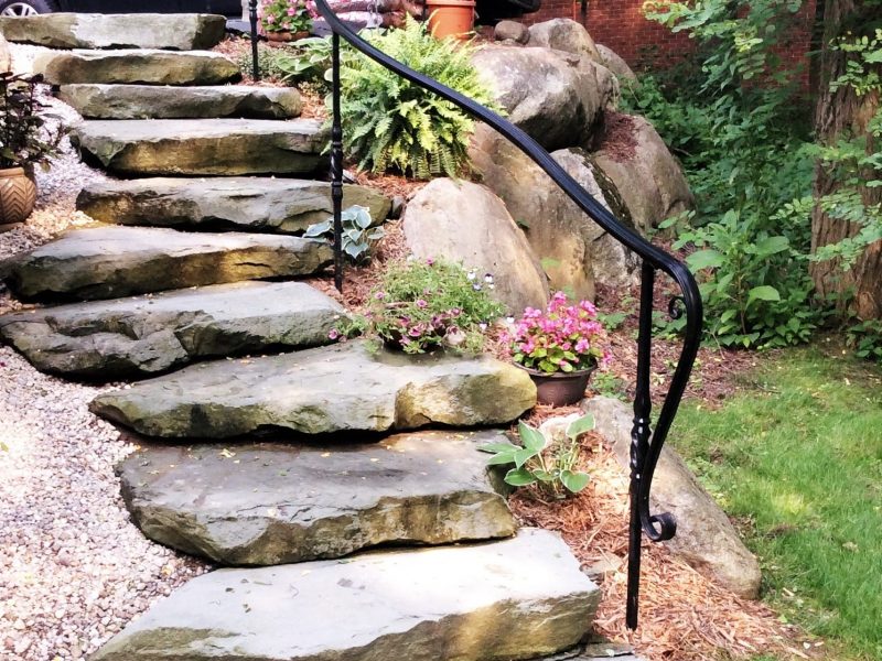 Handrail on Stone Landscape Steps - Great Lakes Metal Fabrication